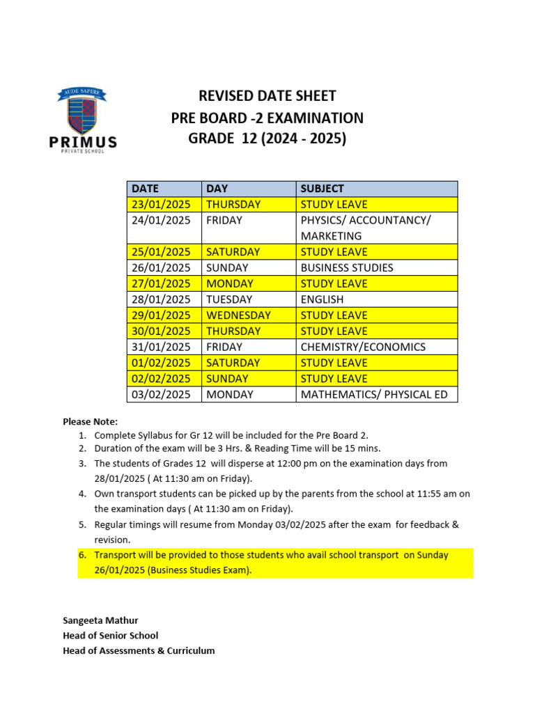 Revised Date Sheet PreBoard 2-Gr12 2024 - 2025 | PDF
