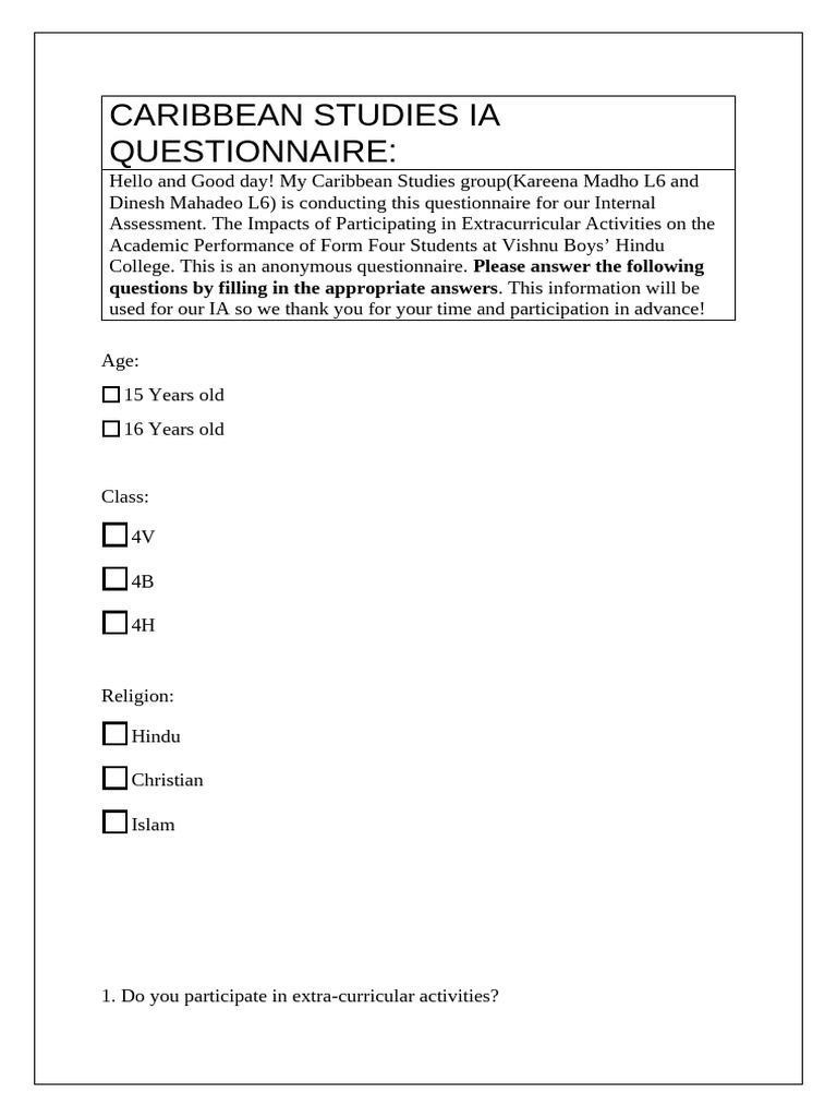 Caribbean Studies Ia Questionnaire | PDF