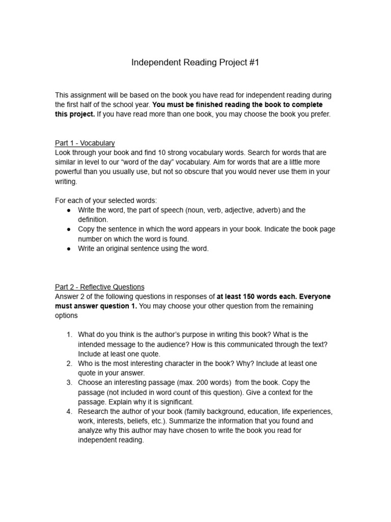 Independent Reading Project Guidelines | PDF | Word | Vocabulary