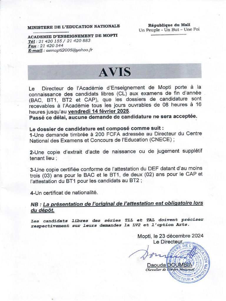 Avis Candidature CL Ae-Mopti | PDF
