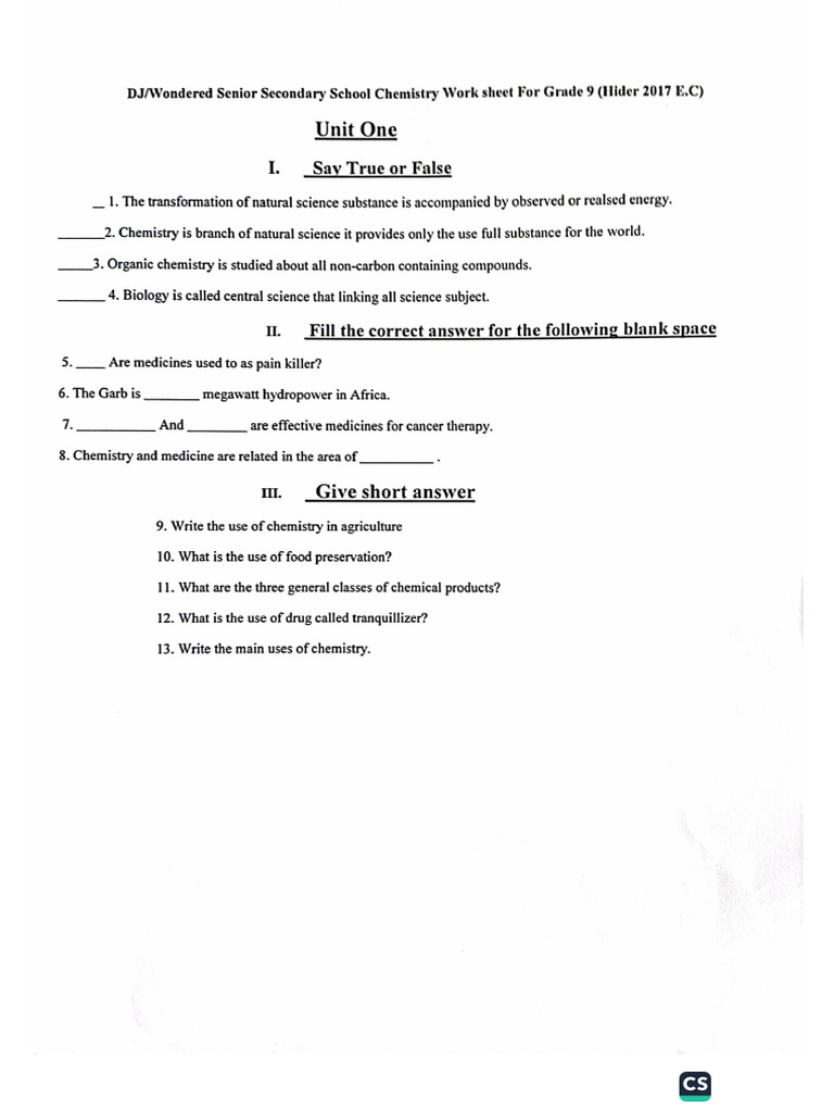 Grade 9 Chemistry Worksheet | PDF