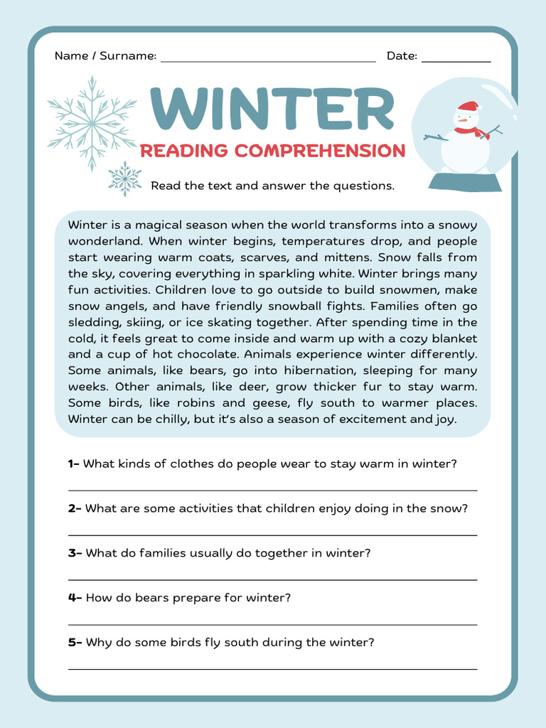 Winter Reading Comprehension Worksheet in Grey Blue Cozy Style | PDF