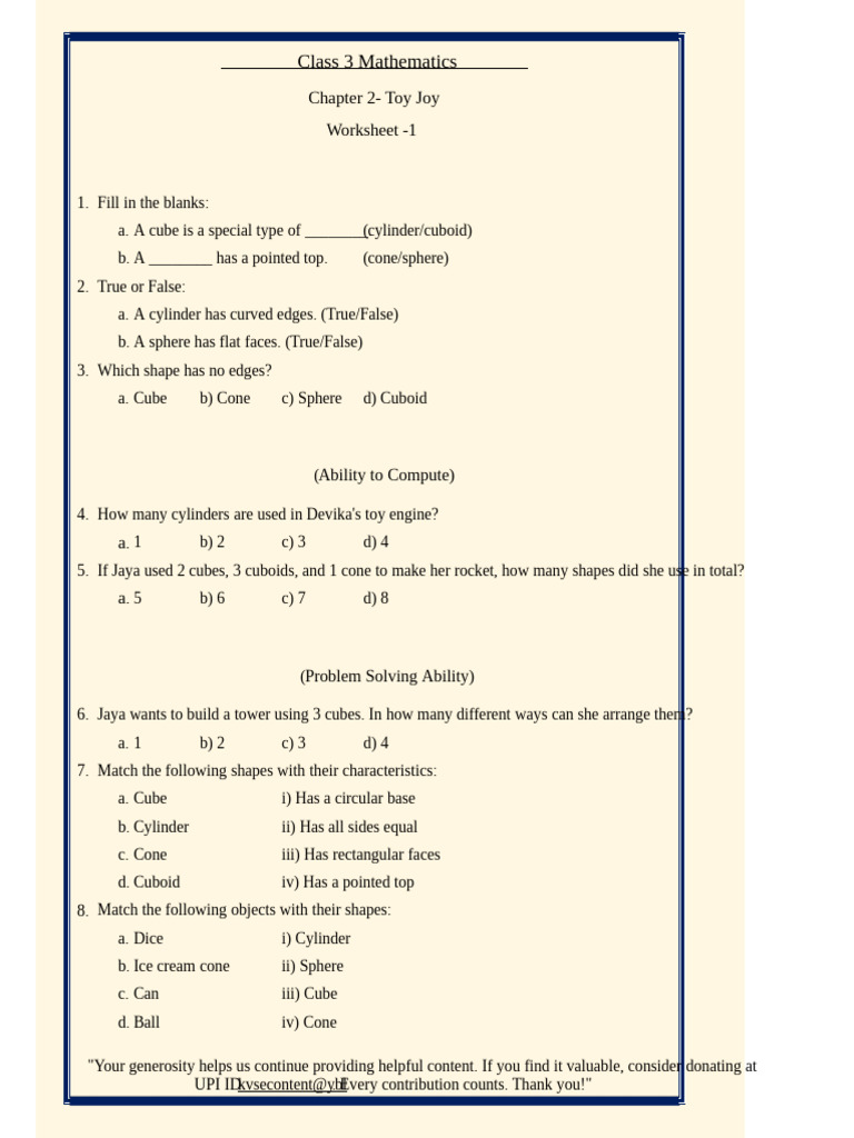Class 3 Maths: Toy Joy Worksheet | PDF | Sphere | Shape