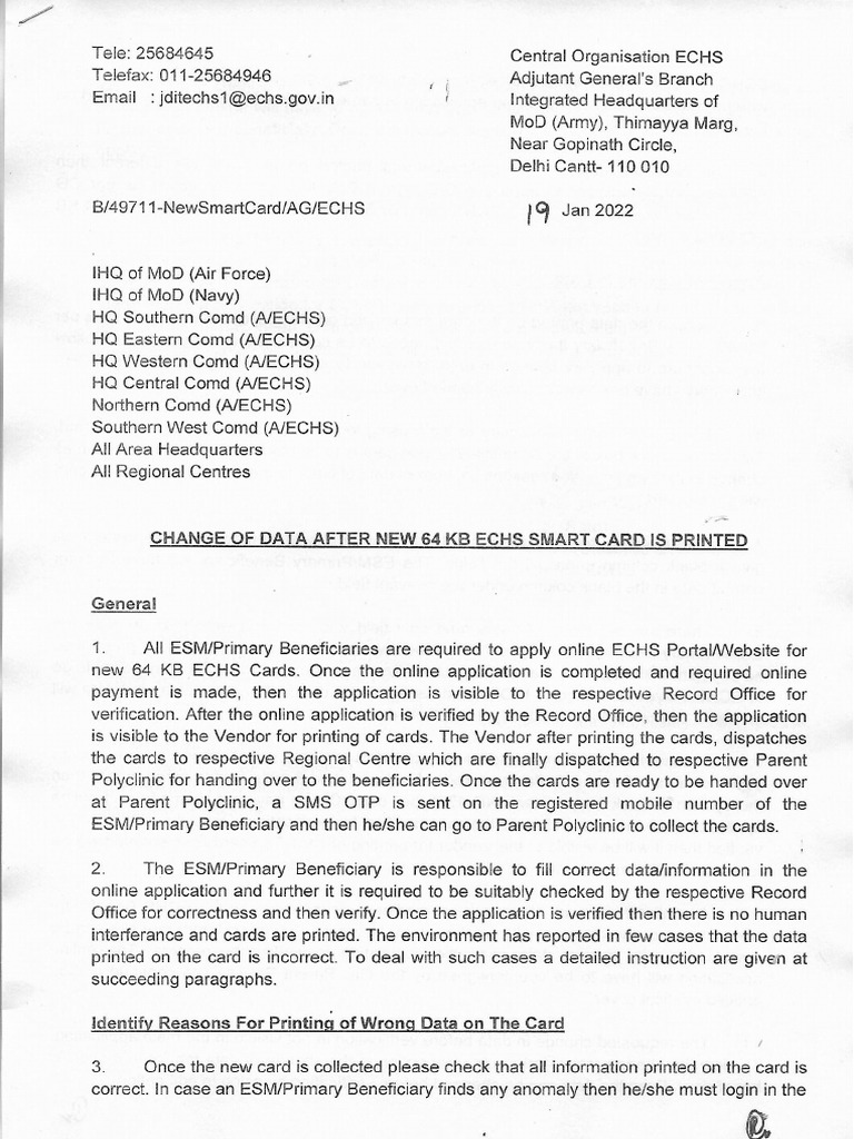 CHANGE OF DATA AFTER NEW 64 KB ECHS SMART CARD IS PRINTED | PDF