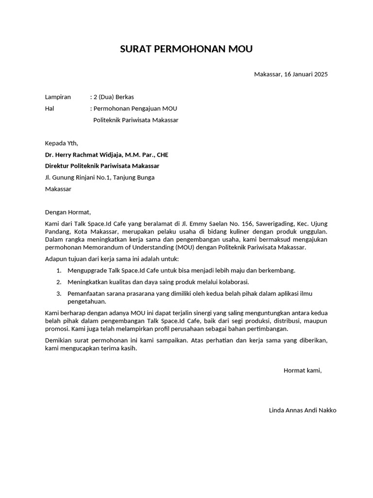 Surat Permohonan MOU | PDF