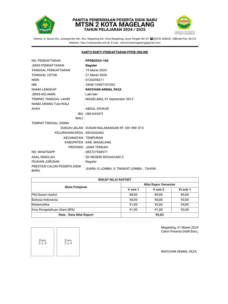 Cetak Formulir Pendaftaran RAYCHAN AKMAL FAZA | PDF