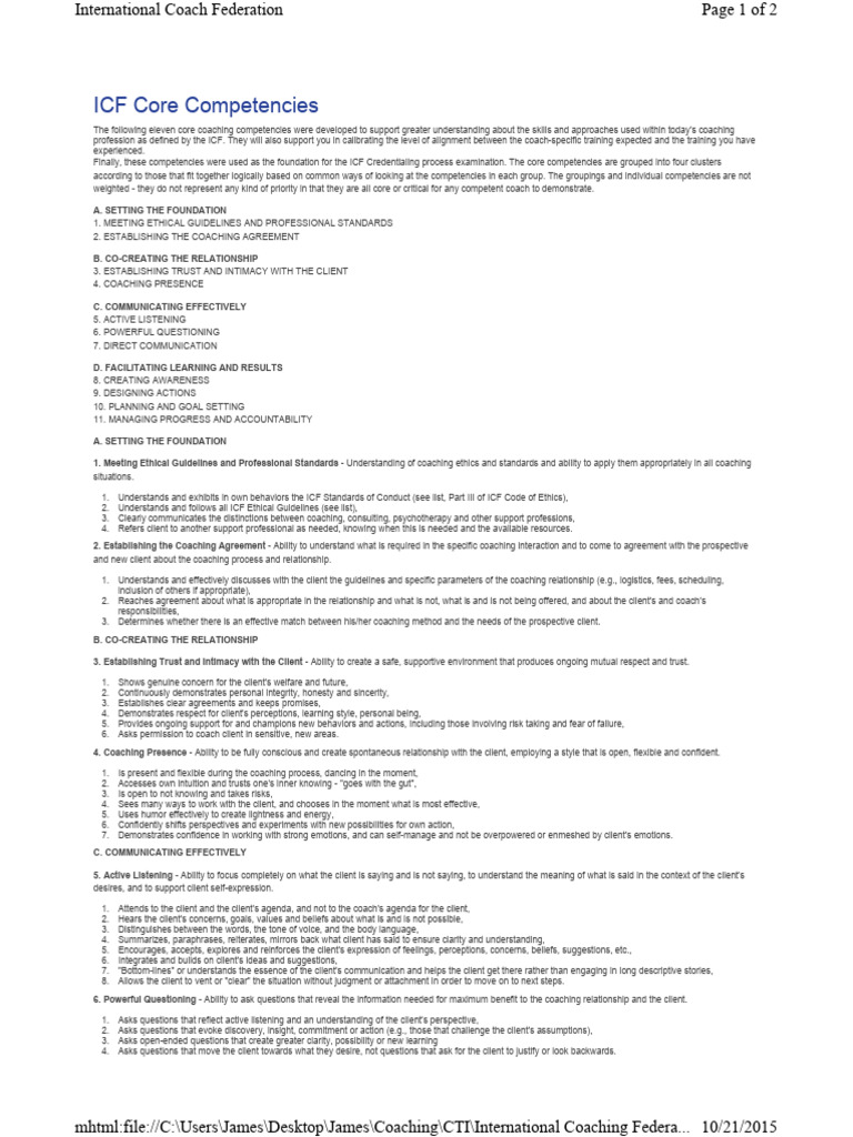 ICF Coaching Core Competencies (Skills, Behaviors) | PDF | Learning ...
