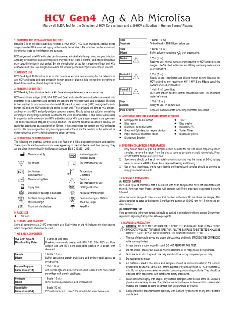 Instruction Mnaual HCV Gen4 Ag AB Microlisa | PDF | Elisa | Hepatitis C