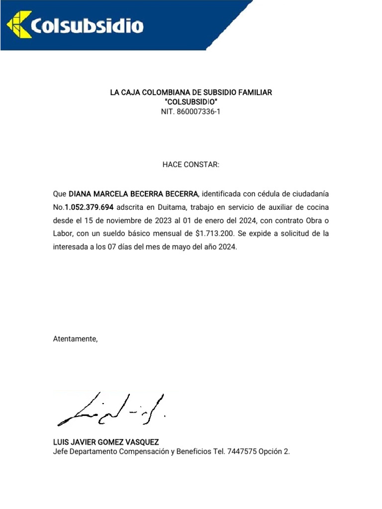 Certificación Laboral Diana Becerra 2024 | PDF