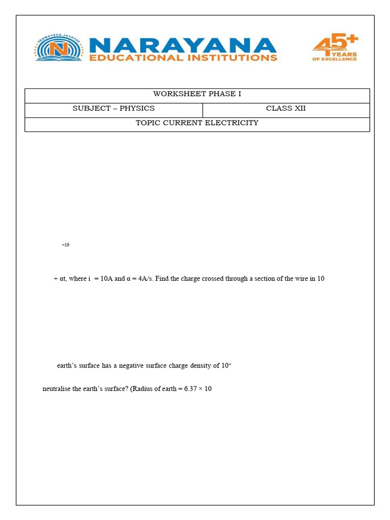 Current Electricity Worksheet for Class XII | PDF | Electrical ...