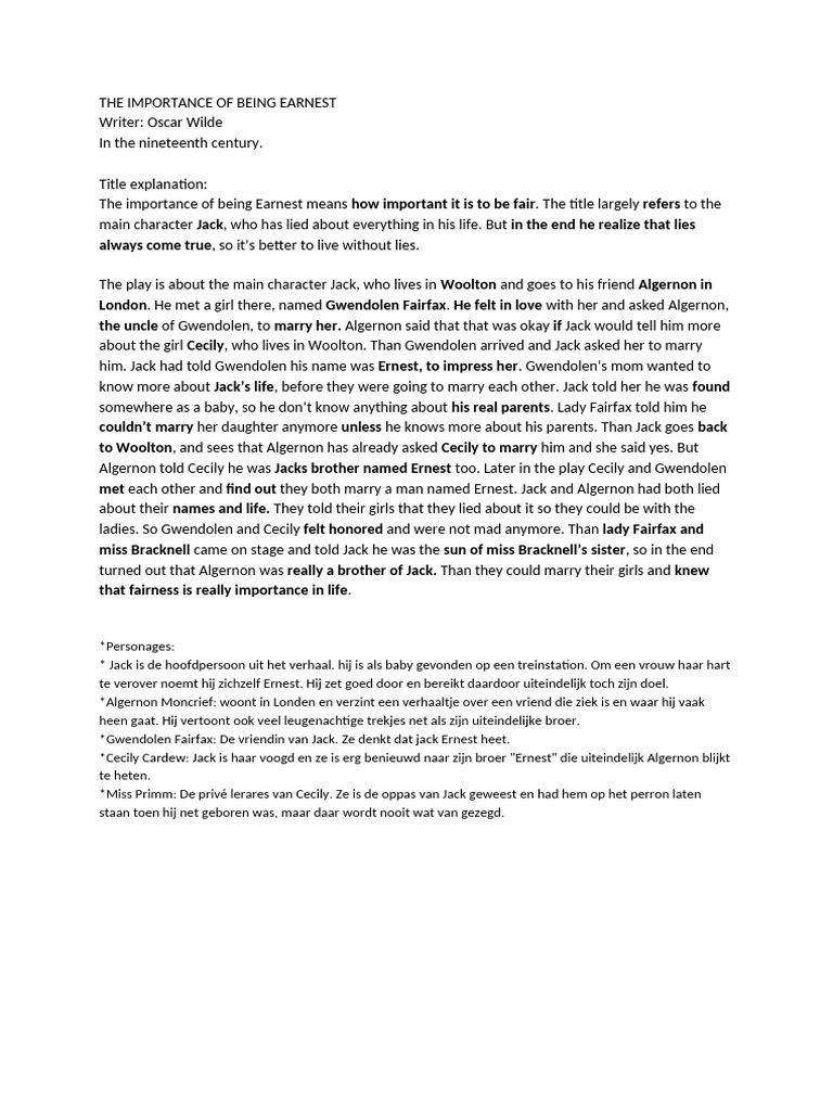 The Importance of Being Earnest Summary | PDF | The Importance Of Being ...