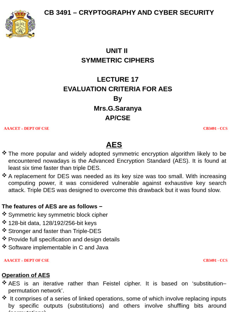 L17-Evaluation Criteria of Aes-Advanced Encryption Standard | PDF ...