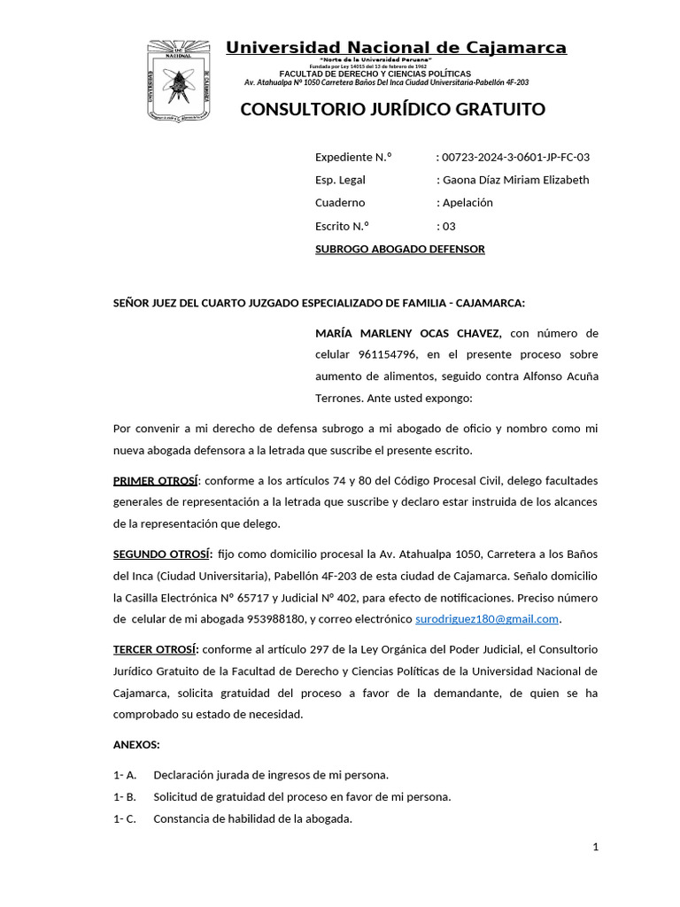 Subrogo Abogado Defensor Caso María Ocas | PDF | Perú | Abogado
