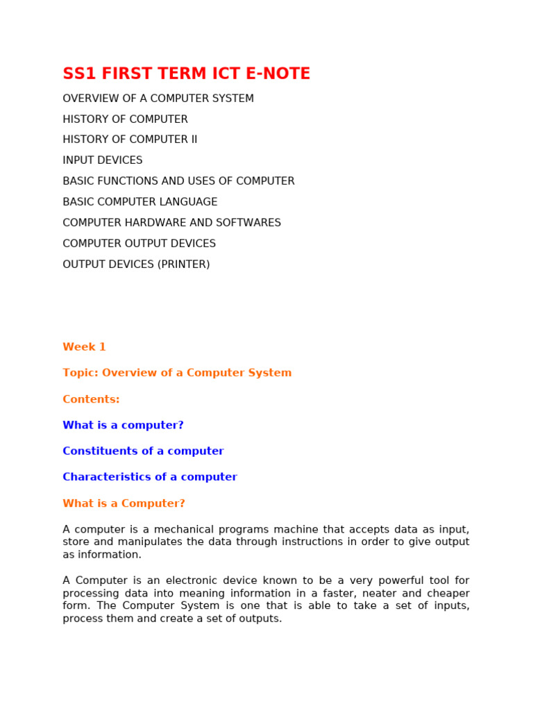 SS1 E-Lesson Note - ICT - 1st Term | PDF | Integrated Circuit | Printer (Computing)
