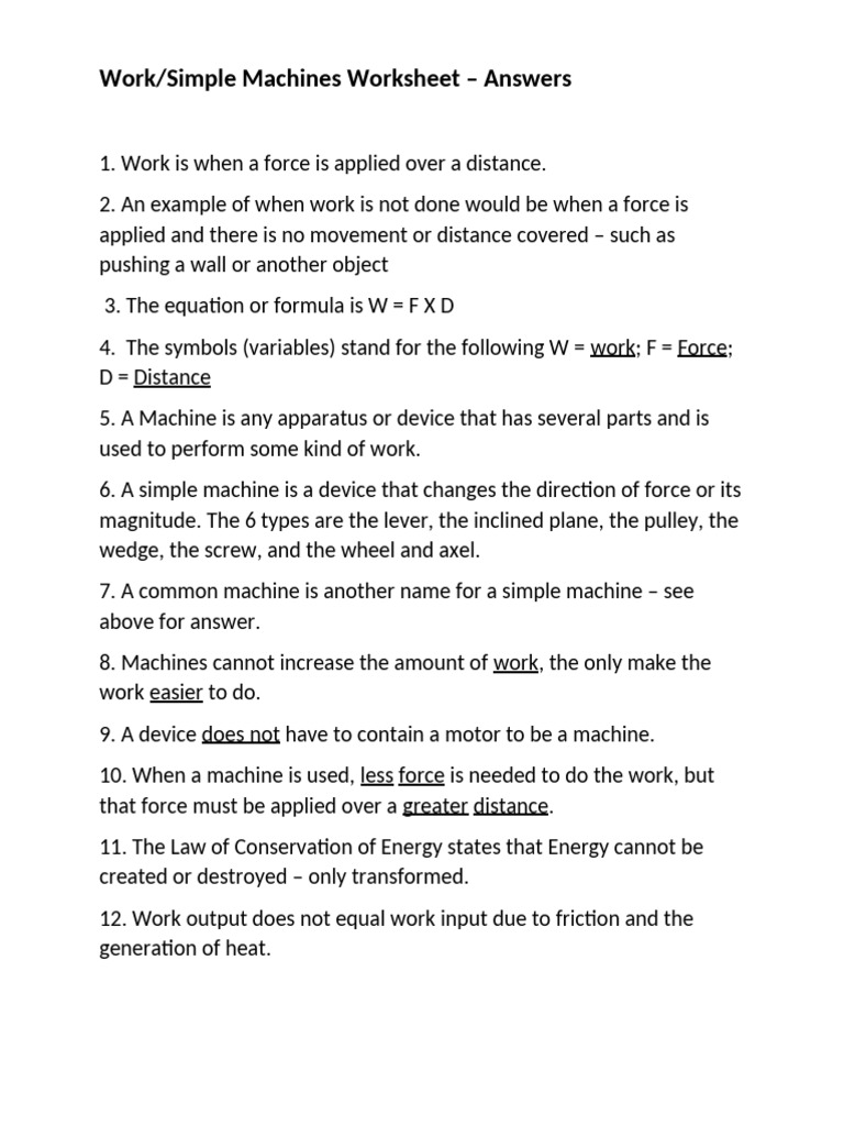 Work Simple Machines Worksheet Answers | PDF