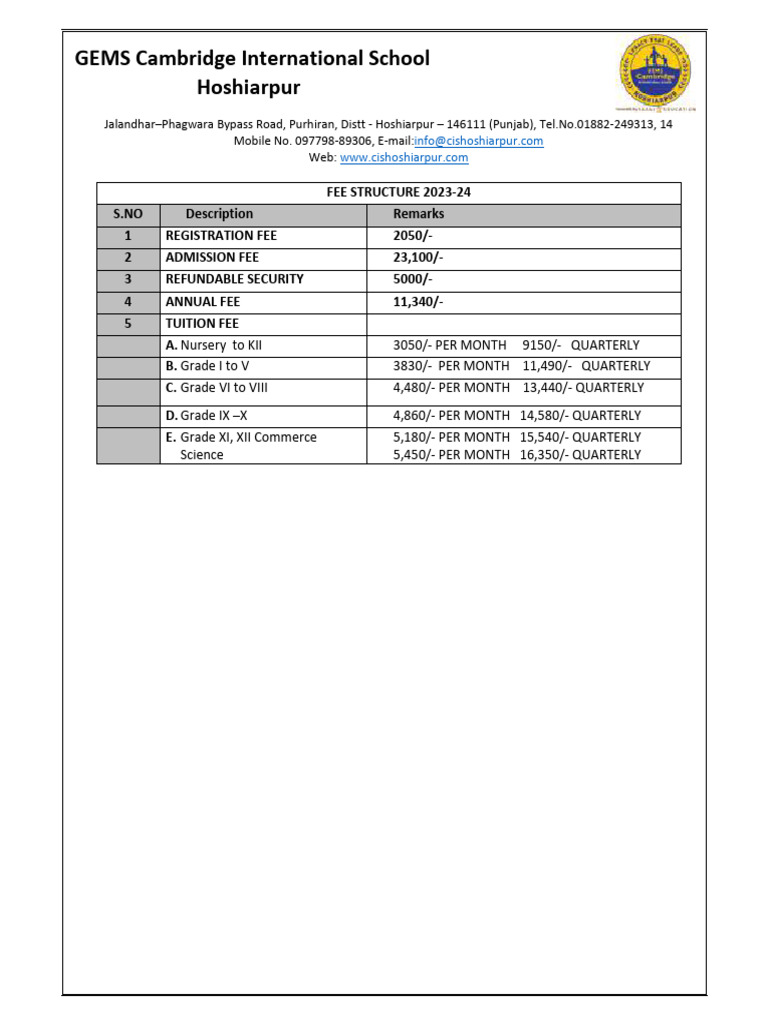 Fee Chart 2023 24 | PDF