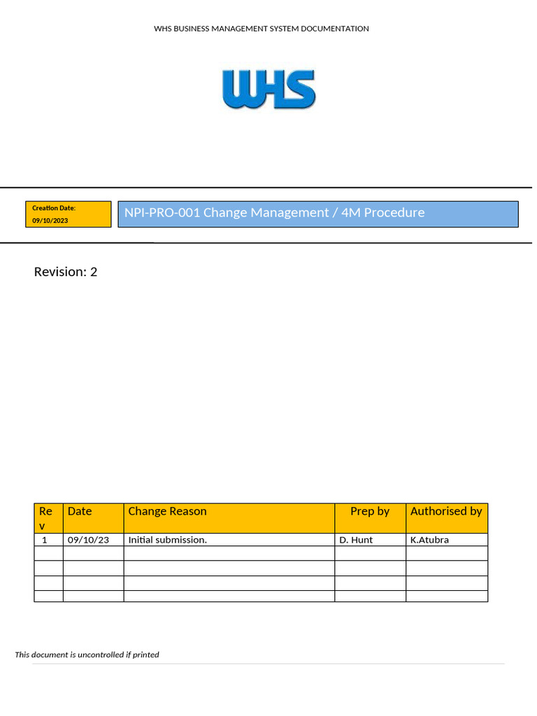 NPI-PRO-001 Change Management Procedure | PDF | Computing | Business