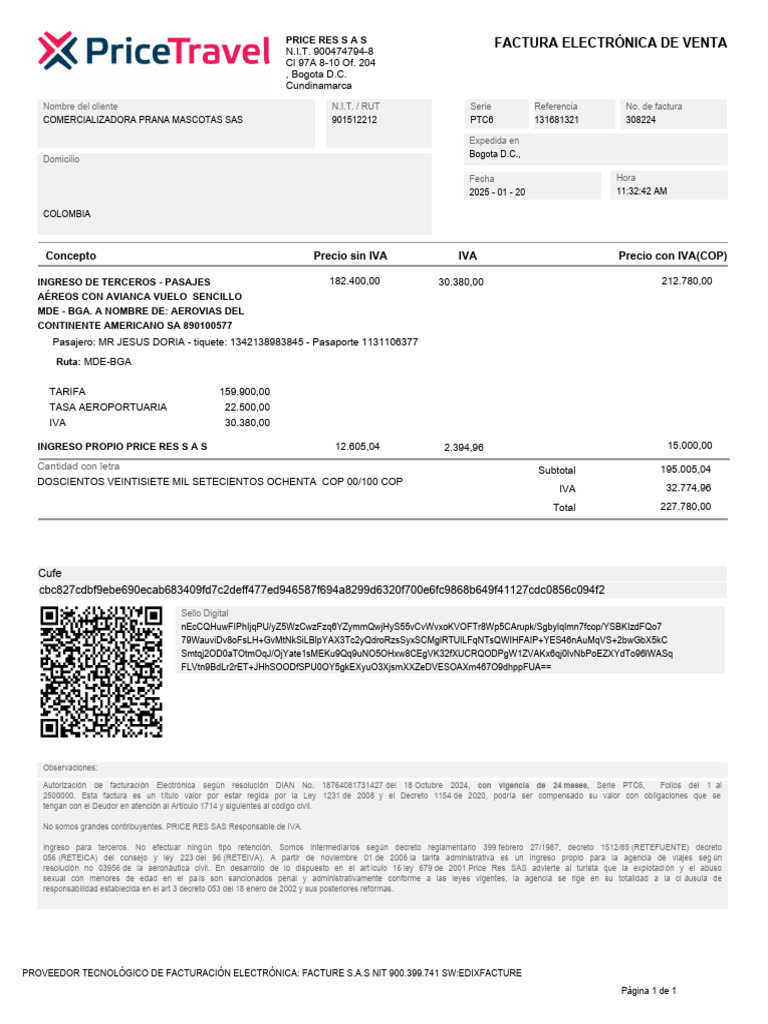 Factura Electrónica de Venta - Price Res S.A.S. | PDF