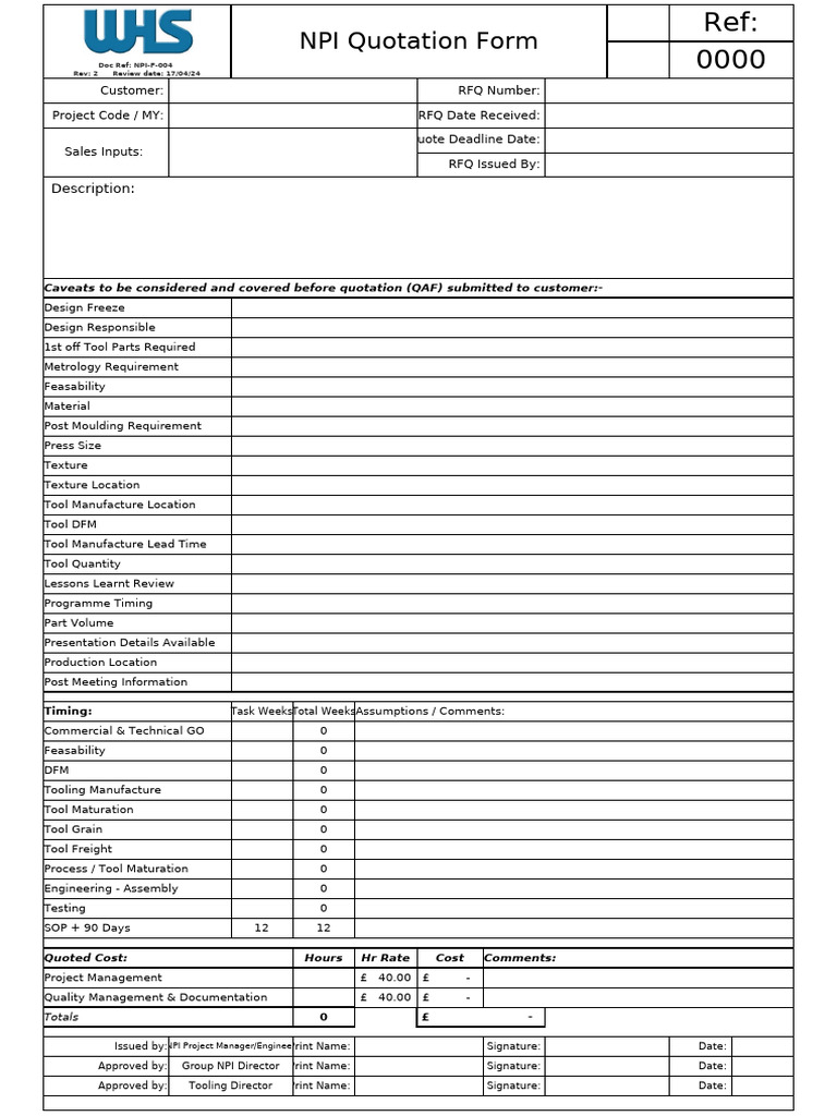 NPI-F-004 NPI Project Quote Master | PDF