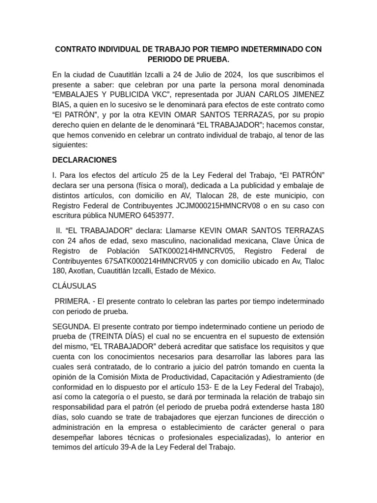 Contrato Laboral Indeterminado con Prueba | PDF | Salario
