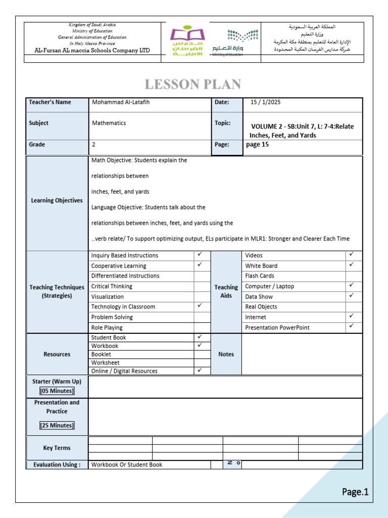Lesson Plan 15-1-2025 - G2 | PDF | Lesson Plan | Worksheet