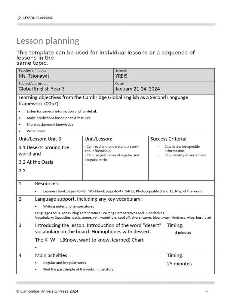Global English Year 3 Lesson Plan | PDF | English Language | Vocabulary