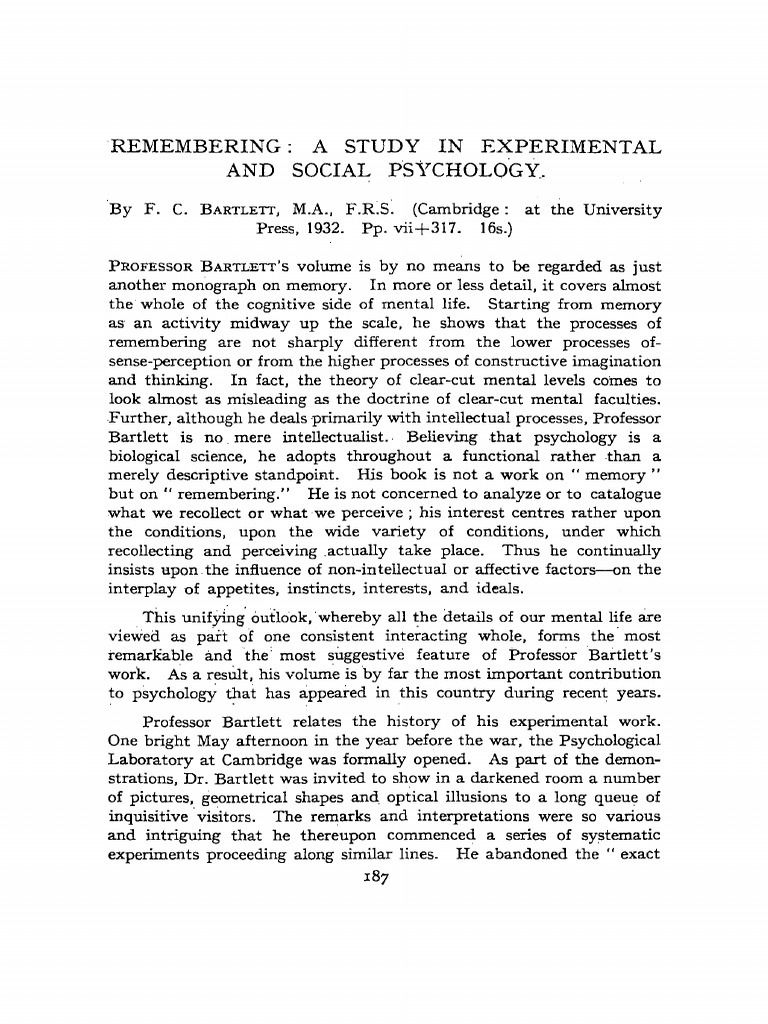 Brit J of Edu Psychol - June 1933 - Bartlett - REMEMBERING A STUDY IN EXPERIMENTAL AND SOCIAL ...