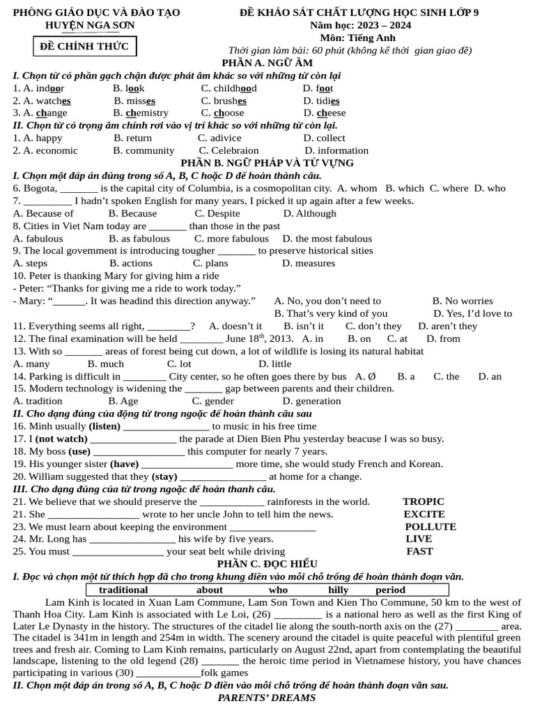Đề KS T.9 Nga Sơn 2023 - 2024 | PDF | Vietnam