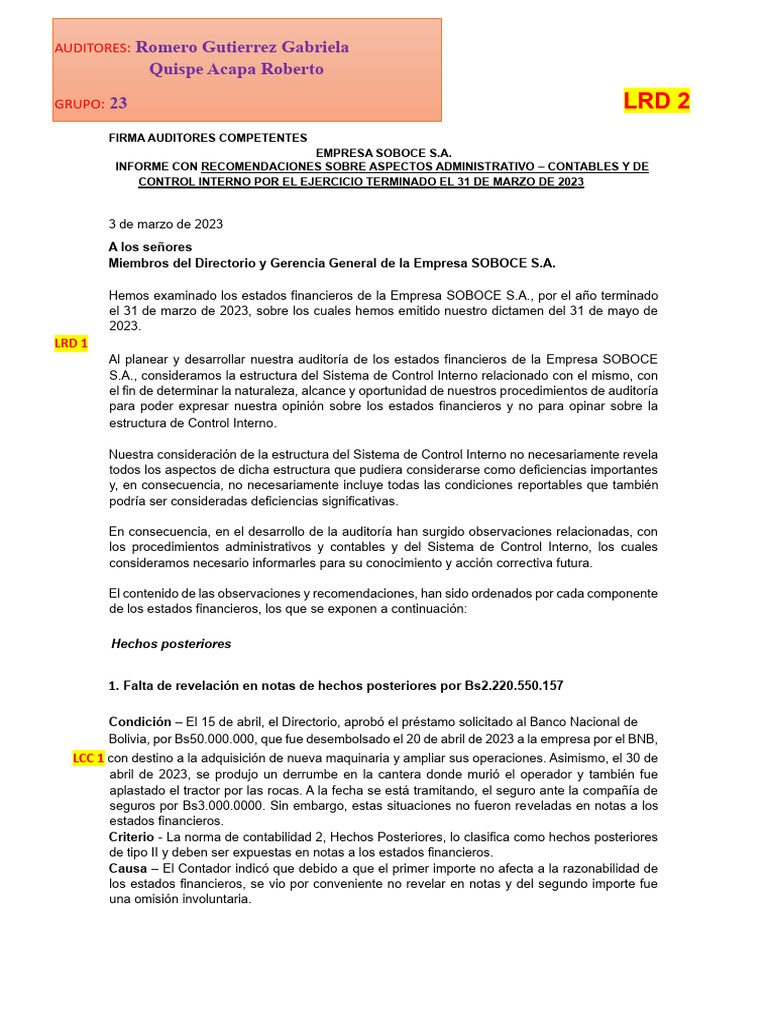 Informe de Auditoria de Control Interno | PDF | Depreciación | Contabilidad