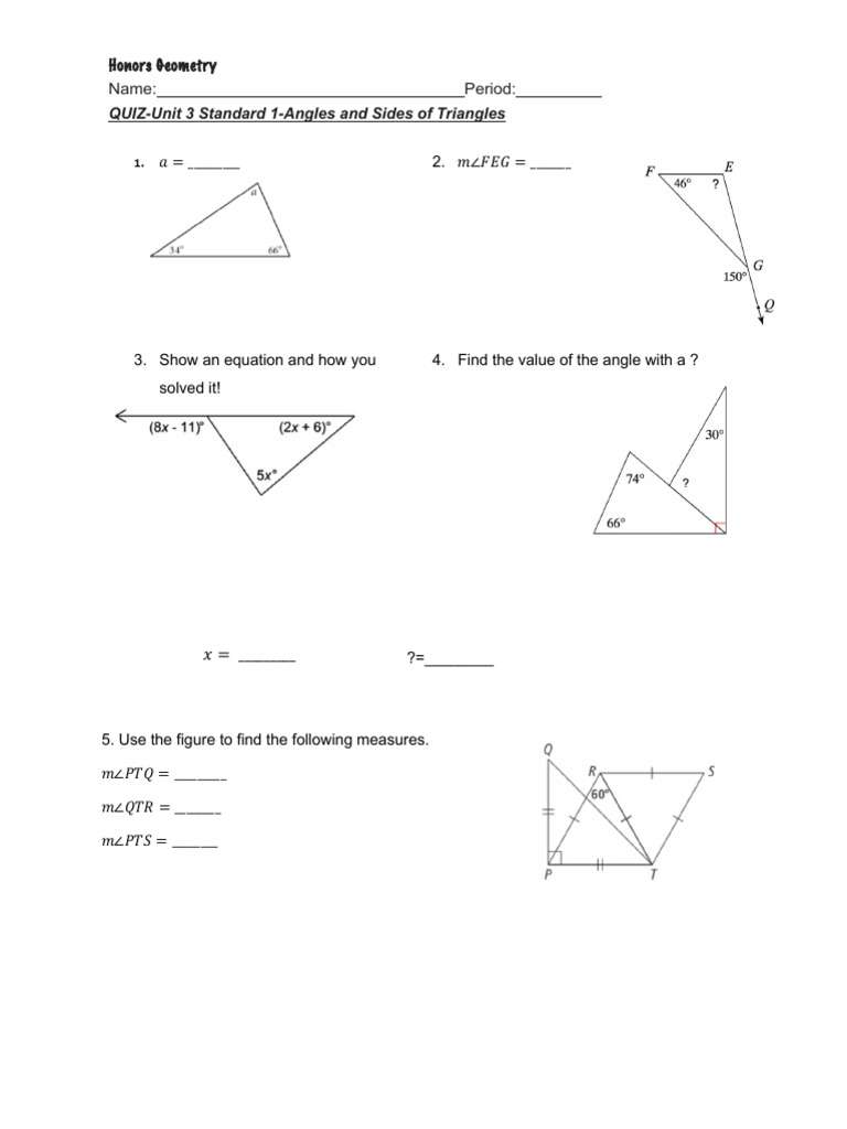 Honors Geometry Quiz: Angles & Triangles | PDF