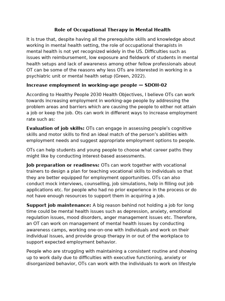 Role of Occupational Therapy in Mental Health | PDF | Mental Health ...