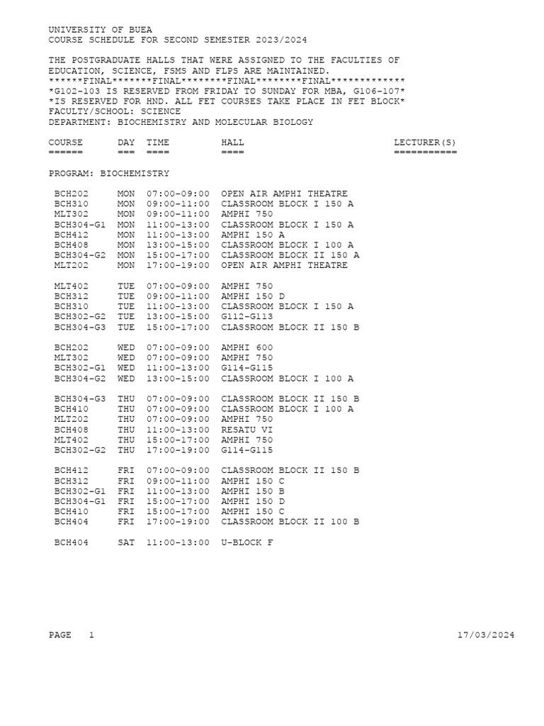 Semester 2 Exam Timetable 2023/2024 | PDF | Science
