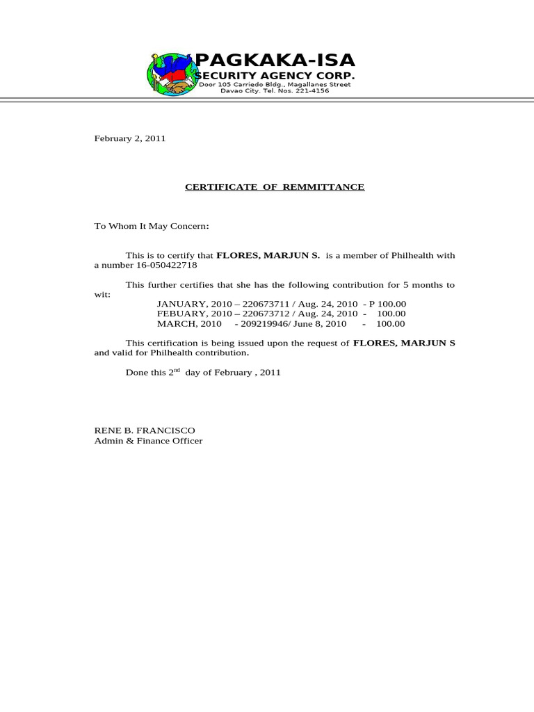 certi of remittance-phic | PDF