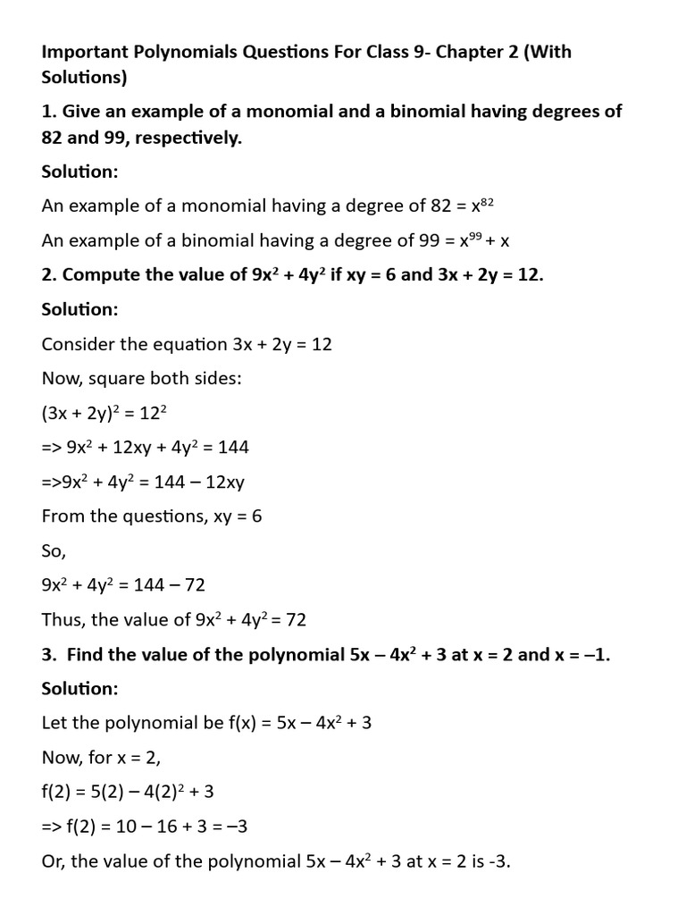Important Polynomials Questions For Class 9 | PDF | Polynomial ...