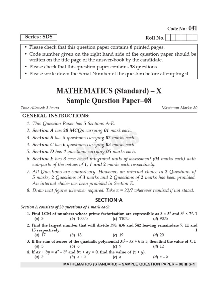 Sample Question Paper-08 | PDF | Circle | Equations