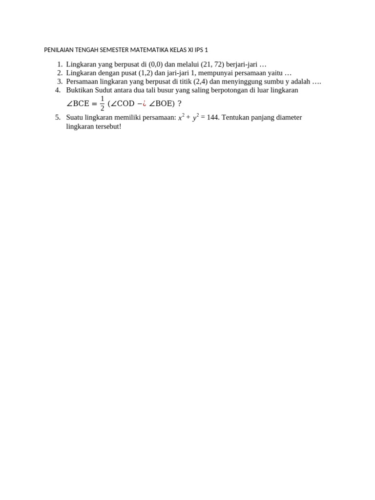 Penilaian Tengah Semester Matematika Kelas Xi Ips 1 | PDF