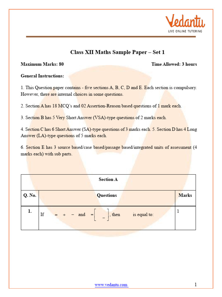 CBSE Class 12 Maths Sample Paper Set 1 (2024-25) FREE PDF | PDF | Mathematical Optimization ...
