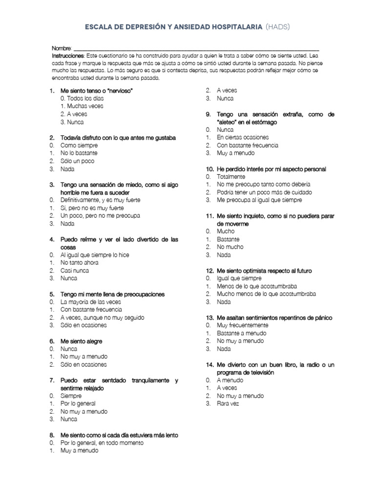 Test de Ansiedad y Depresión Hospitalaria (HADS) | PDF