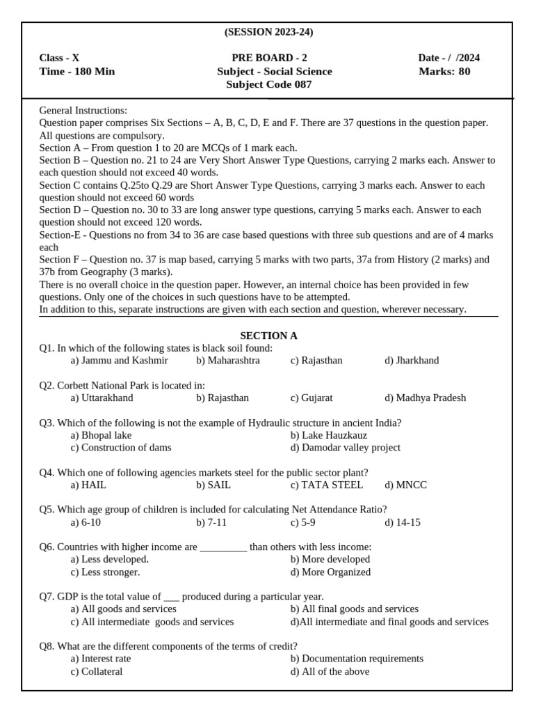 PB 2 Class 10 Question Paper 2023-24 | PDF | Loans