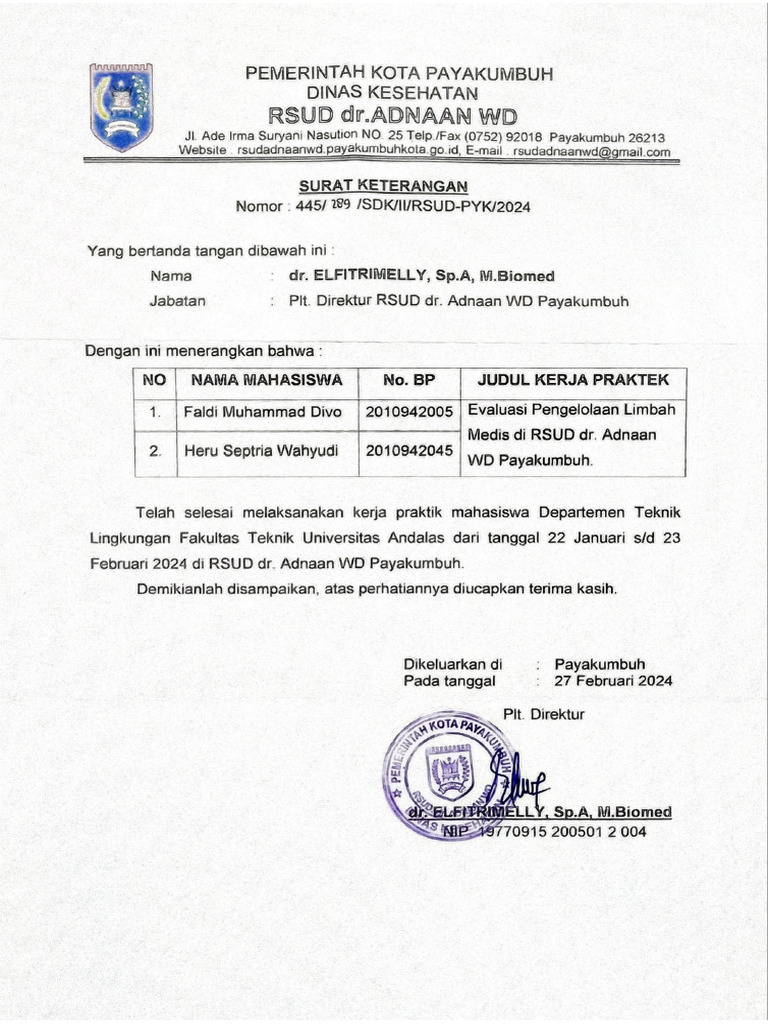 Surat Keterangan Selesai KP - Faldi Muhammad Divo - Heru Septria Wahyudi | PDF