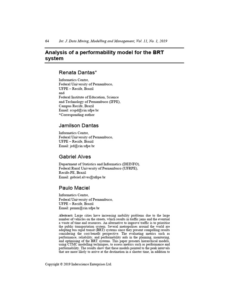 [2019][01] - Analysis of a Performability Model for the BRT System | PDF | Reliability ...