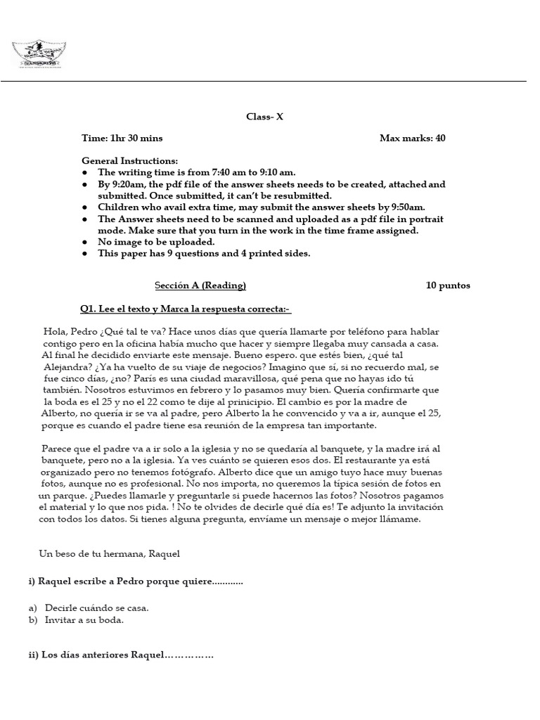 QP3802 - Class 10 Spanish Unit Test 2 2021 - 22pdf | PDF | Rachel