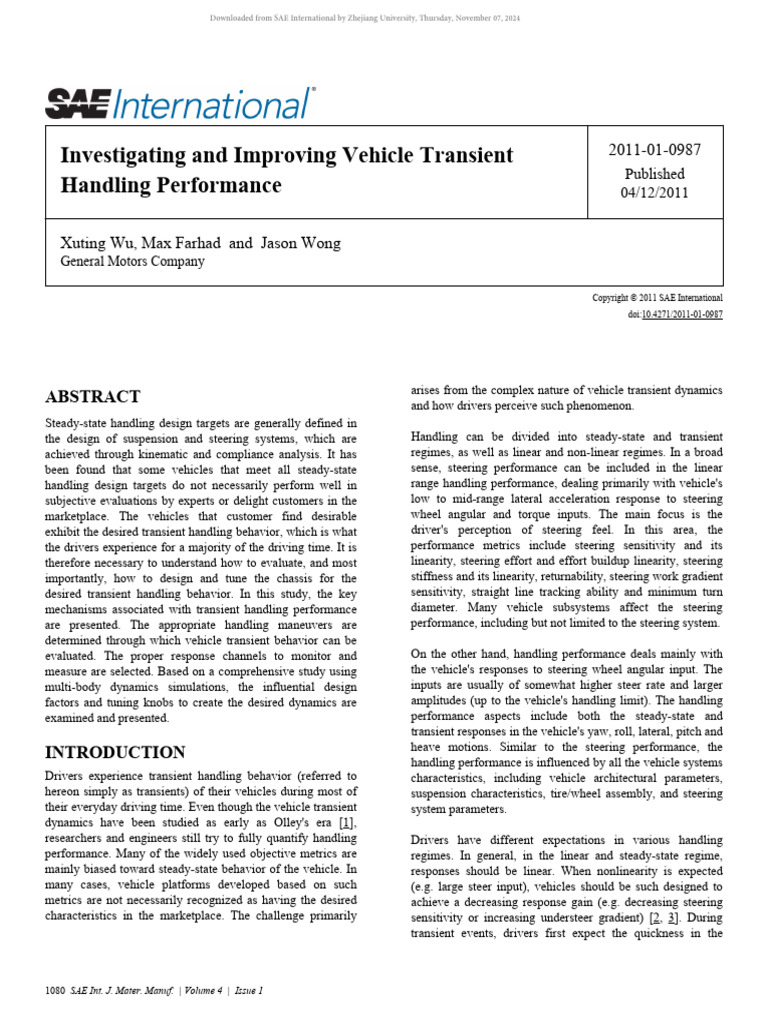 Investigating and Improving Vehicle Transient Handling Performance ...