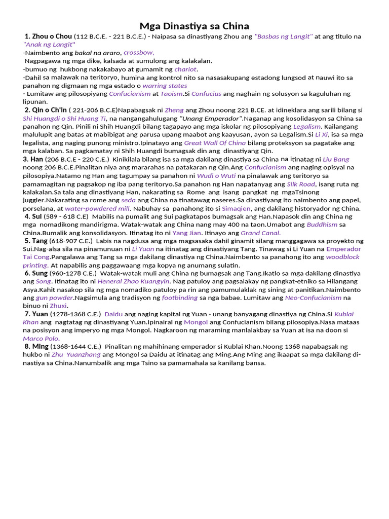 Mga Dinastiya Sa China Handouts | PDF