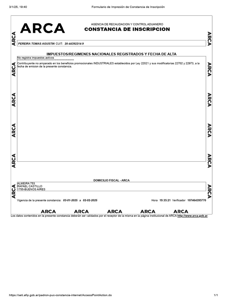 Constancia de Inscripción ARCA | PDF