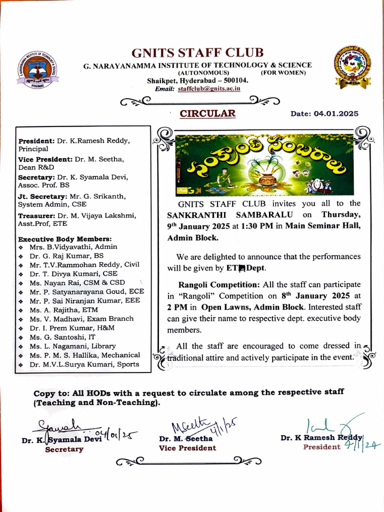GNITS Staff Club Sankranthi Event 2025 | PDF