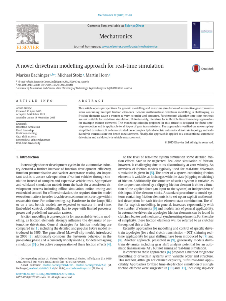 A Novel Drivetrain Modelling Approach For Real Time Simulation - 2015 - Mechatronics | PDF ...
