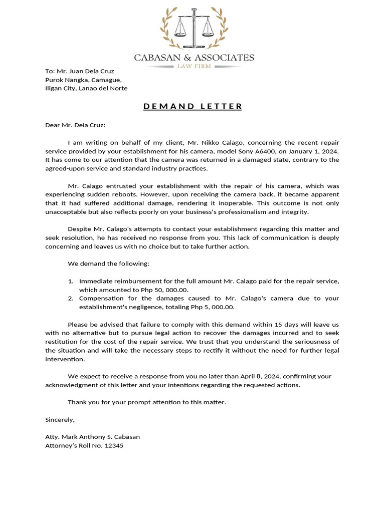 Demand Letter for Camera Repair Compensation | PDF