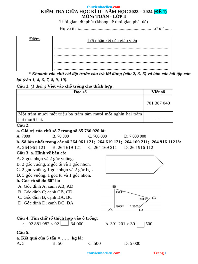 Bo de Kiem Tra Giua HK1 Toan 4 Nam 23 24 | PDF
