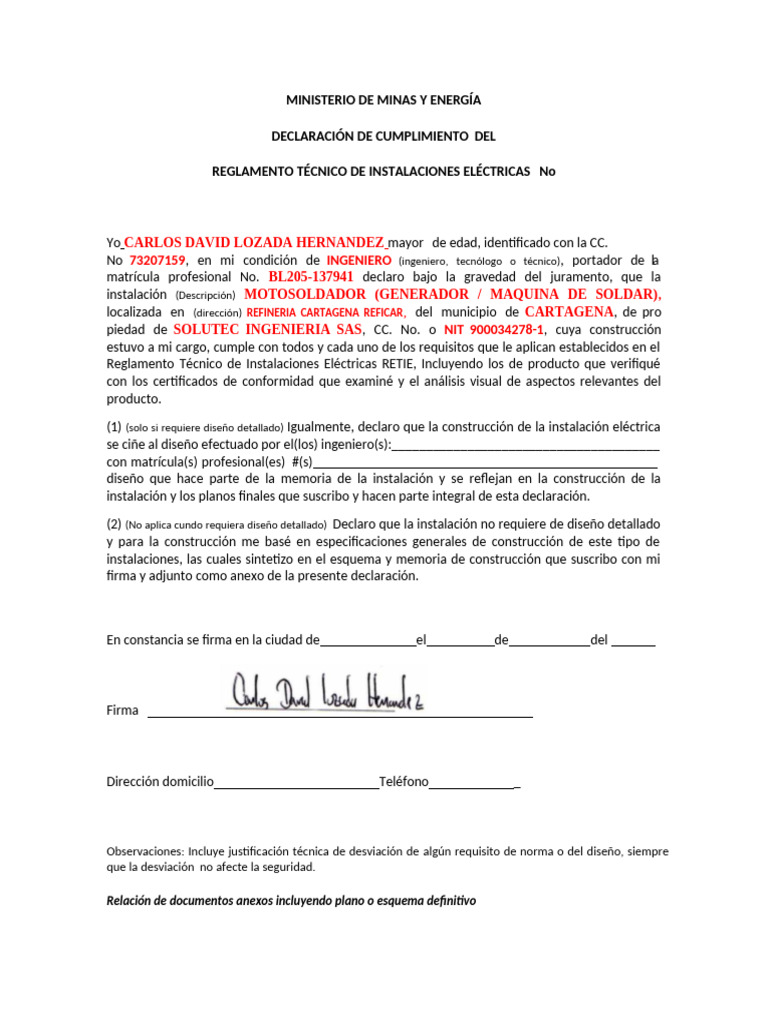 Declaracion de Cumplimiento Del RETIE | PDF